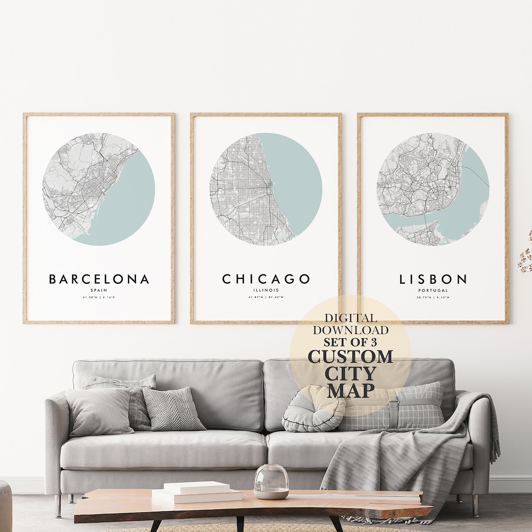 Digital Download Set of 3 Custom City Map Print, Printable Art, Custom ...