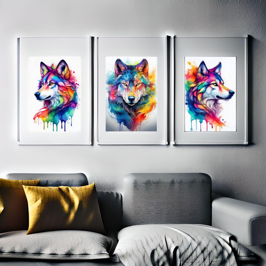 Colorful Watercolor Wolf Poster - Digital Download, Boho Wall Art ...