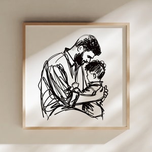 Father and Child Hug Line Art, Emotional Family Love Sketch, Digital ...