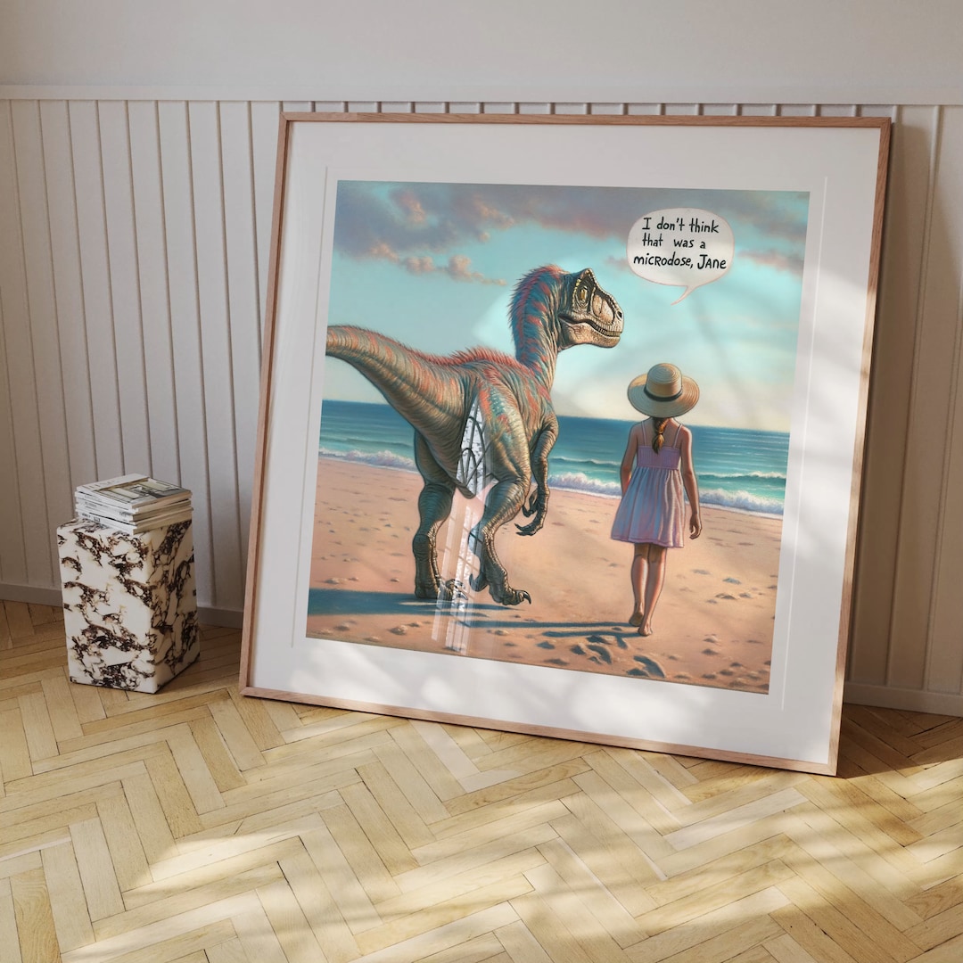 Funny Dinosaur Wall Art, Microdose Jane Print, Child and Velociraptor ...