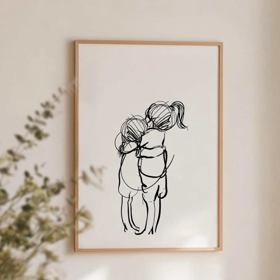 Sister Hug Wall Art Print, Minimalist Line Drawing Poster, Sister Bond ...