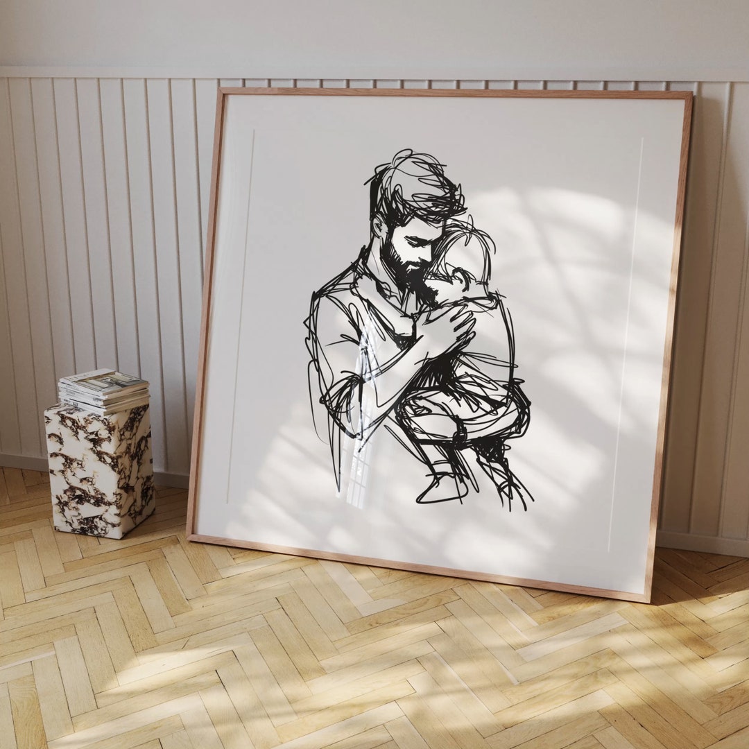 Father and Son Cuddle Line Art, Dad Hug Sketch, Paternal Love Digital ...
