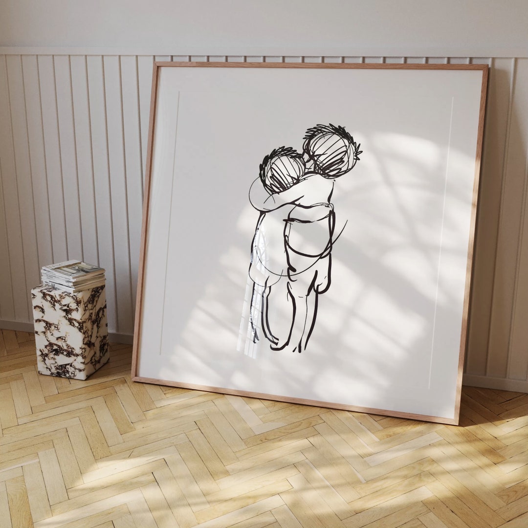Brothers Hugging Line Art - Black & White Digital Print, Together Again ...