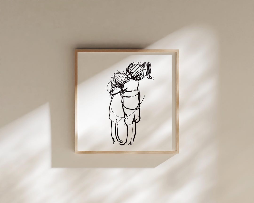 Sister Love Line Art Print, Minimalist Hug Drawing, Siblings Digital ...
