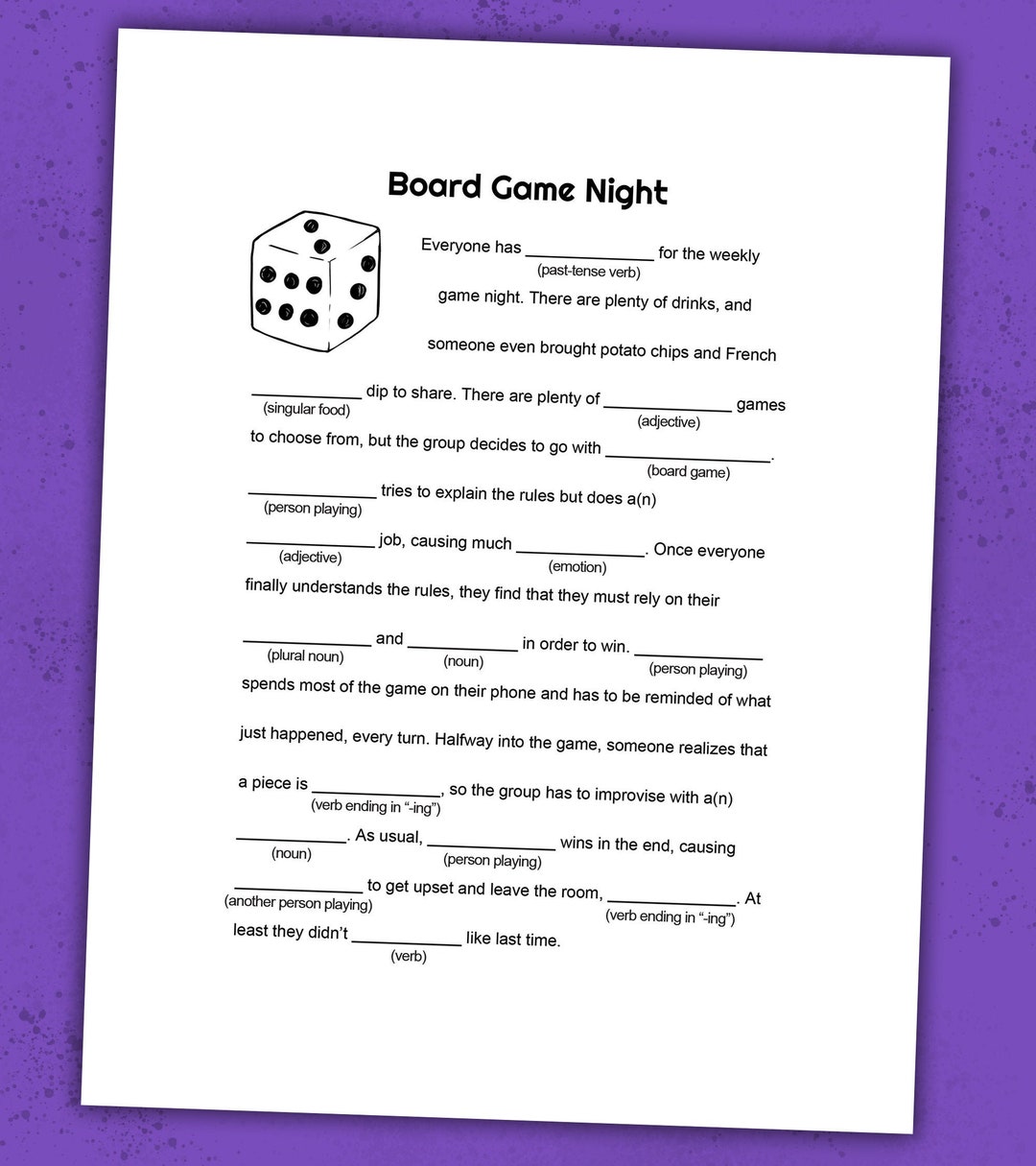 Mad-libs Style Game Night Word Game | "board Game Night" Digital ...