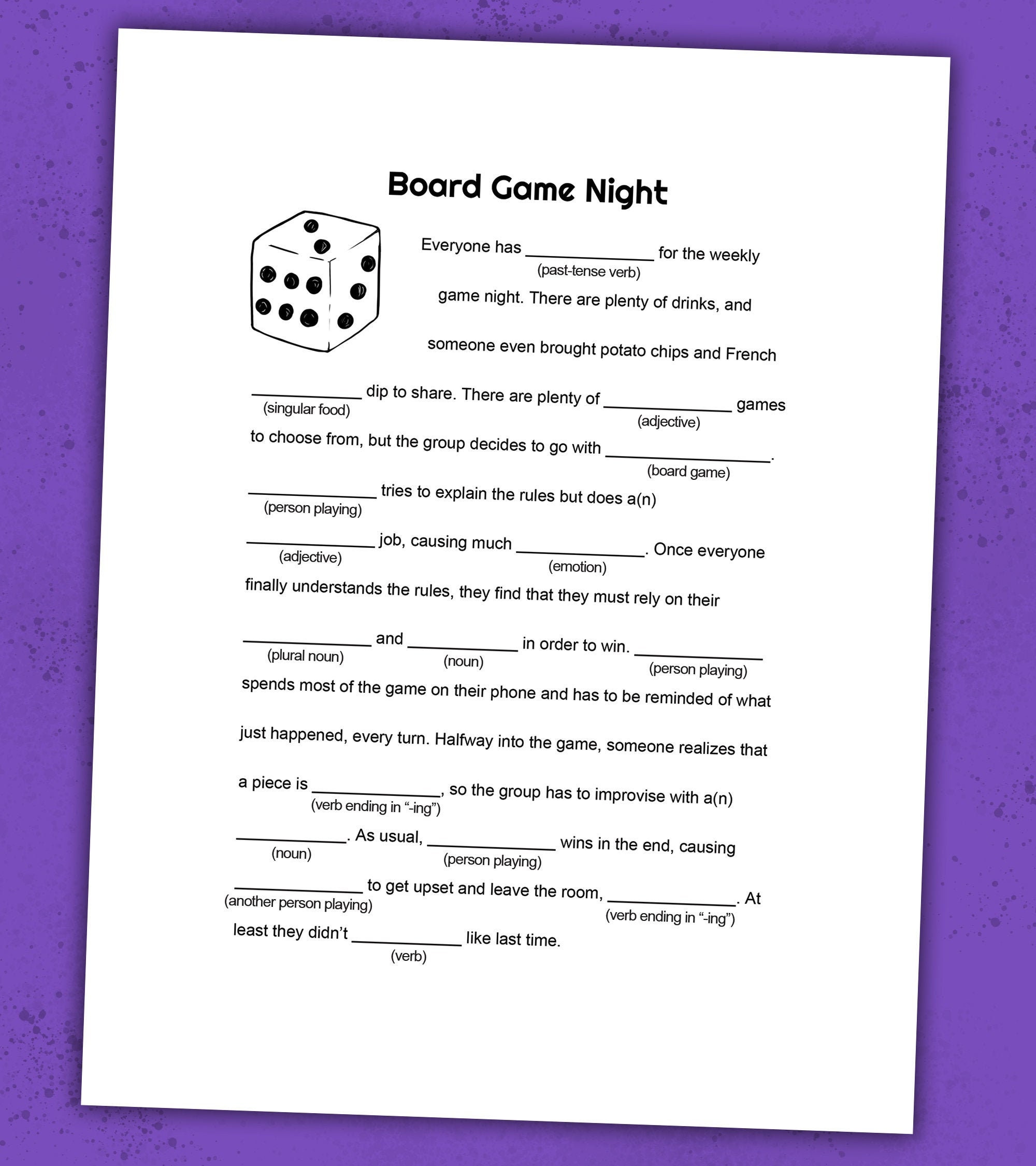 Mad-libs Style Game Night Word Game | "board Game Night" Digital ...