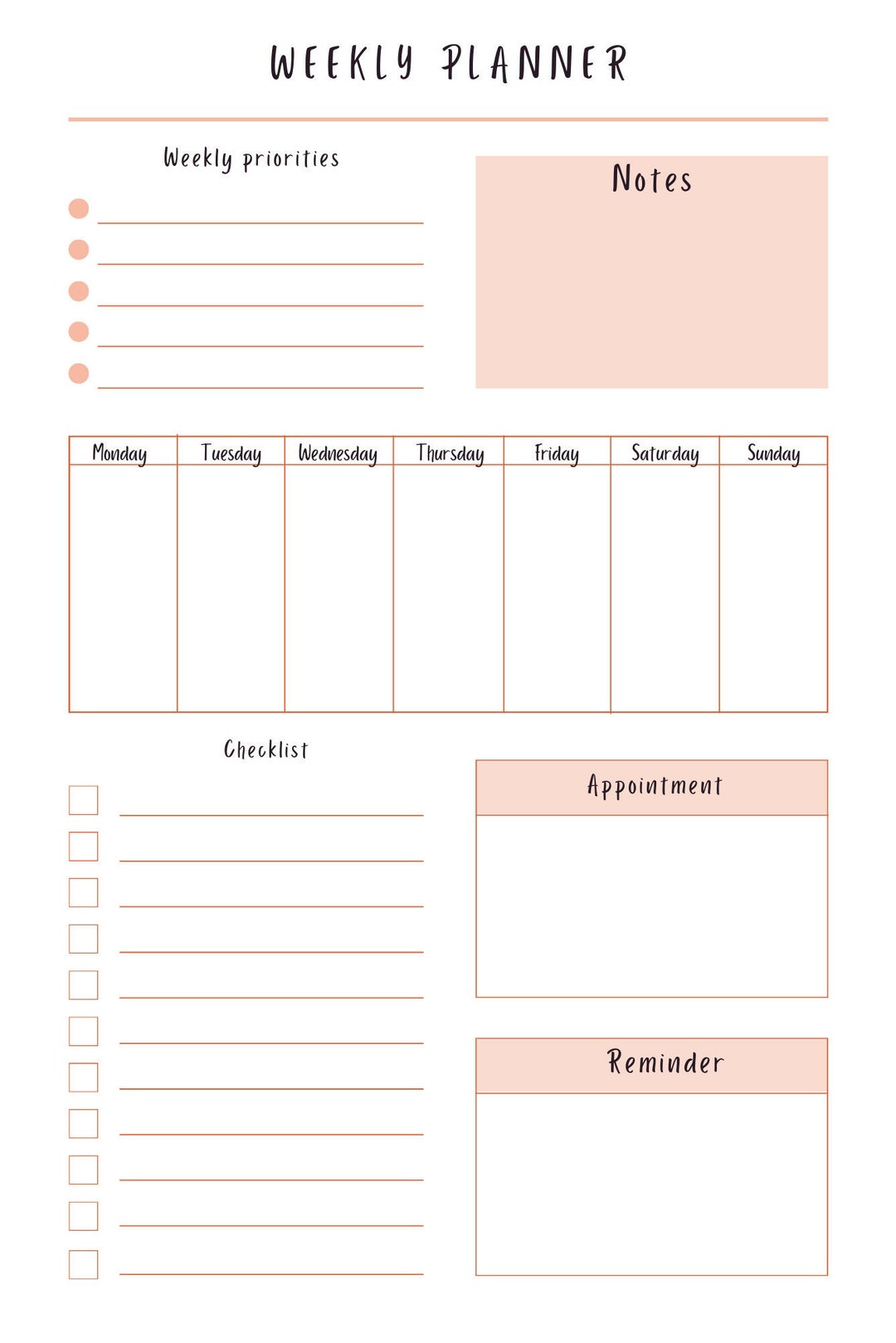 Simple Weekly Planner- Single Page- Printable OR Digital - Etsy