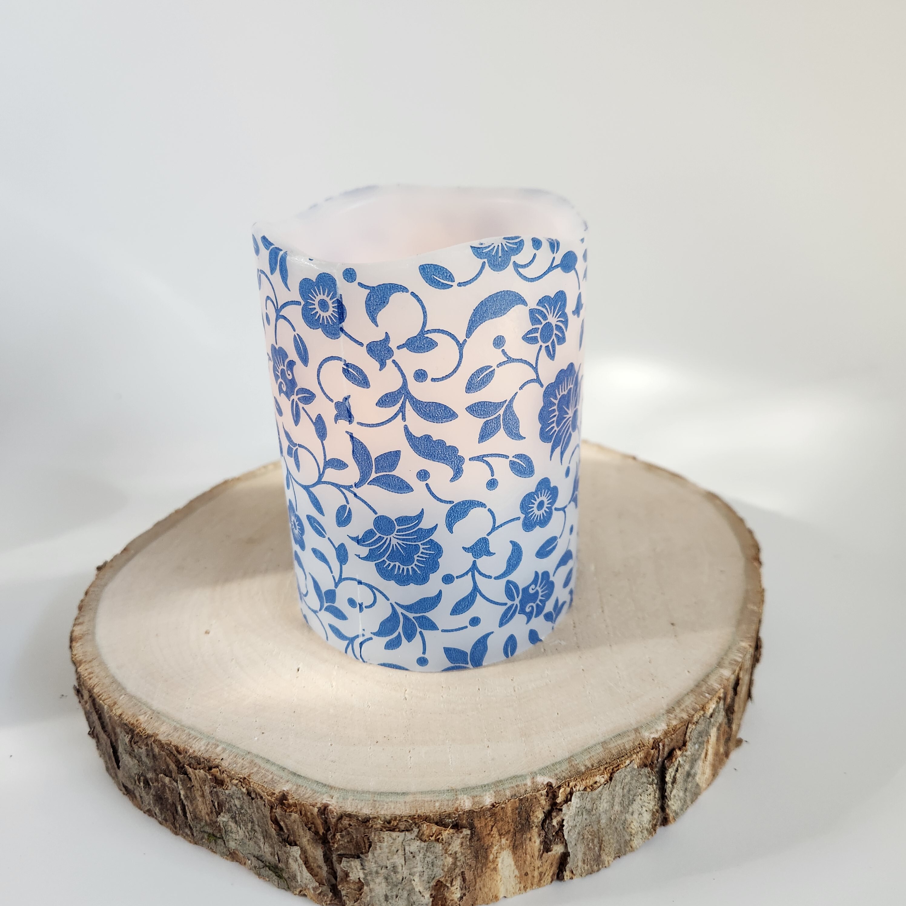 LED Flameless Wax Pillar Candle Blue and White Floral - Etsy