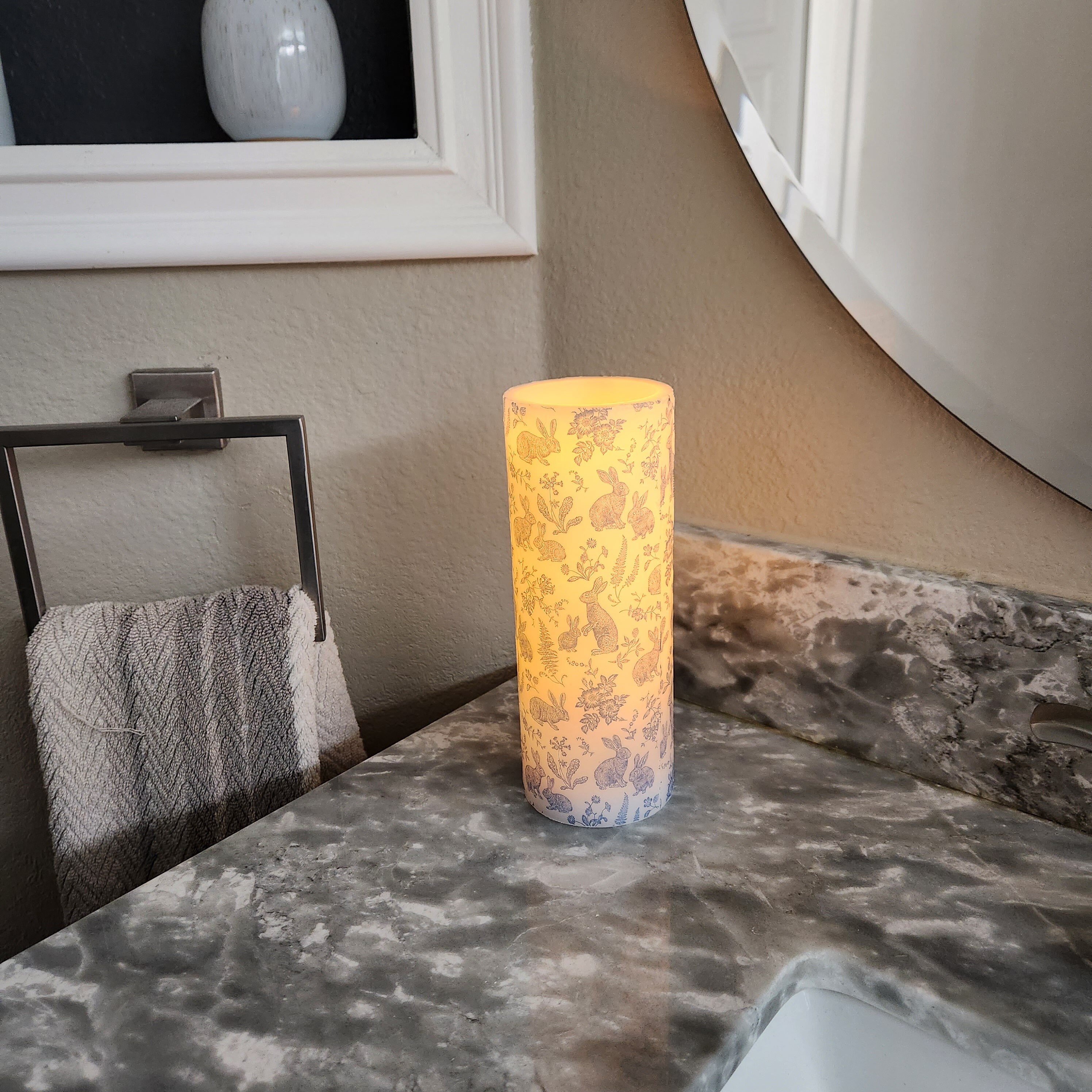 Easter LED Flameless Wax Pillar Candle Blue Bunnies on White - Etsy