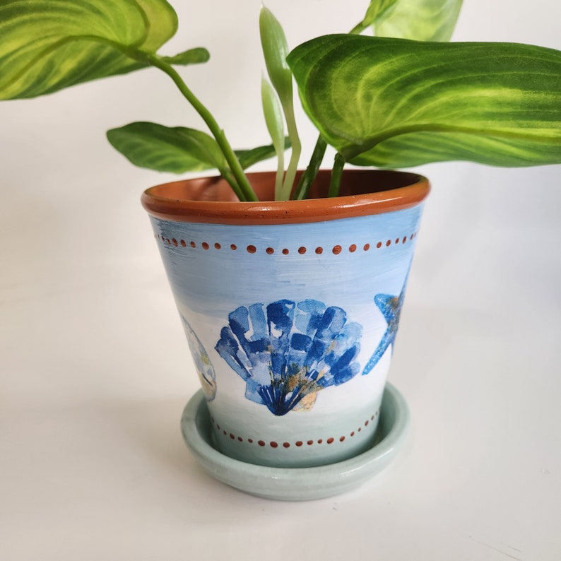 Blue Green and White Seashell Planter Flower Pot 4.75 - Etsy