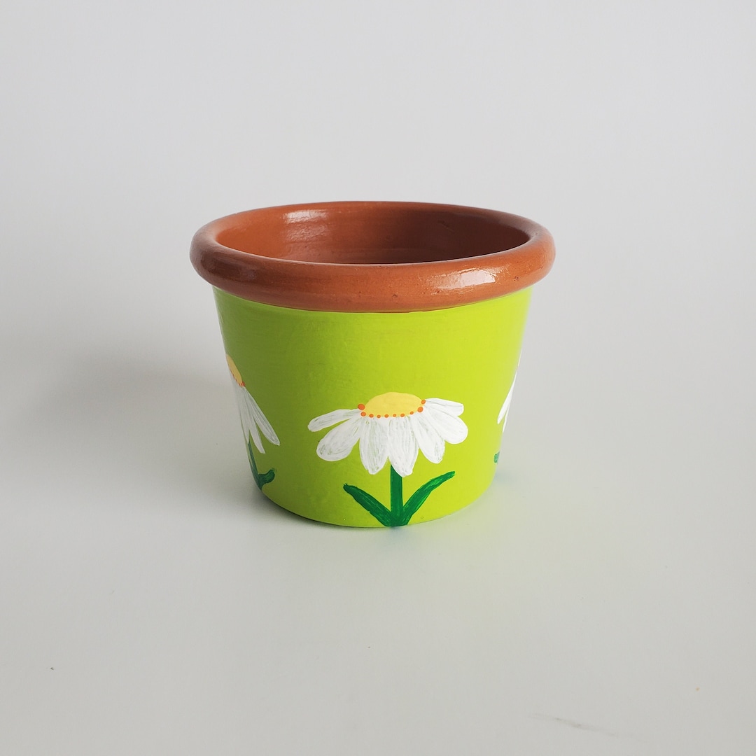 Green Daisy Planter Pot Hand Painted 3.5" Short - Etsy