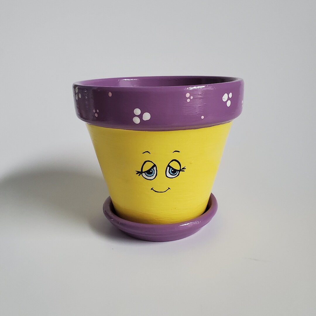 Happy Face Planter Yellow and Lavender With Polka Dots Flower Pot 4.5 ...