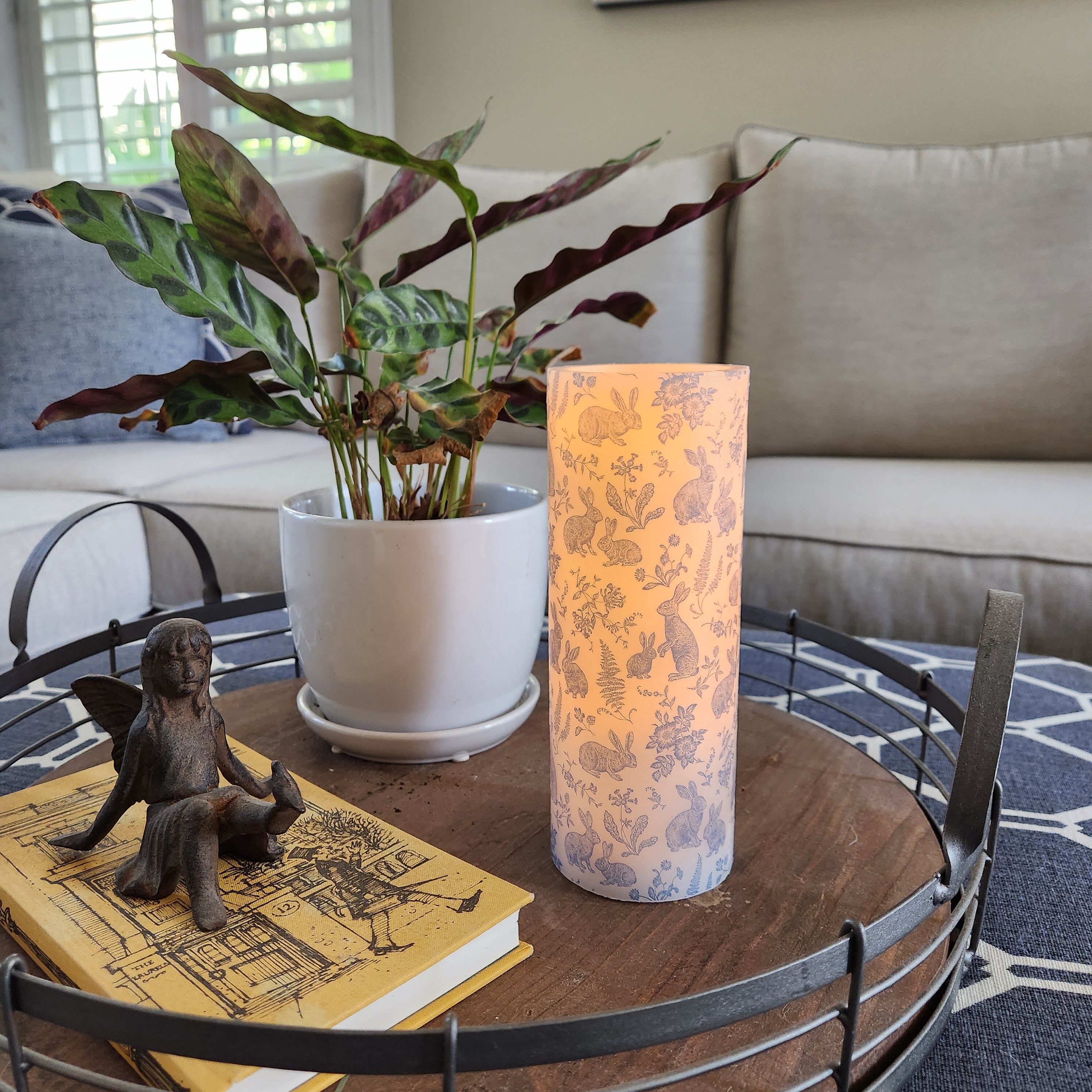 Easter LED Flameless Wax Pillar Candle Blue Bunnies on White - Etsy
