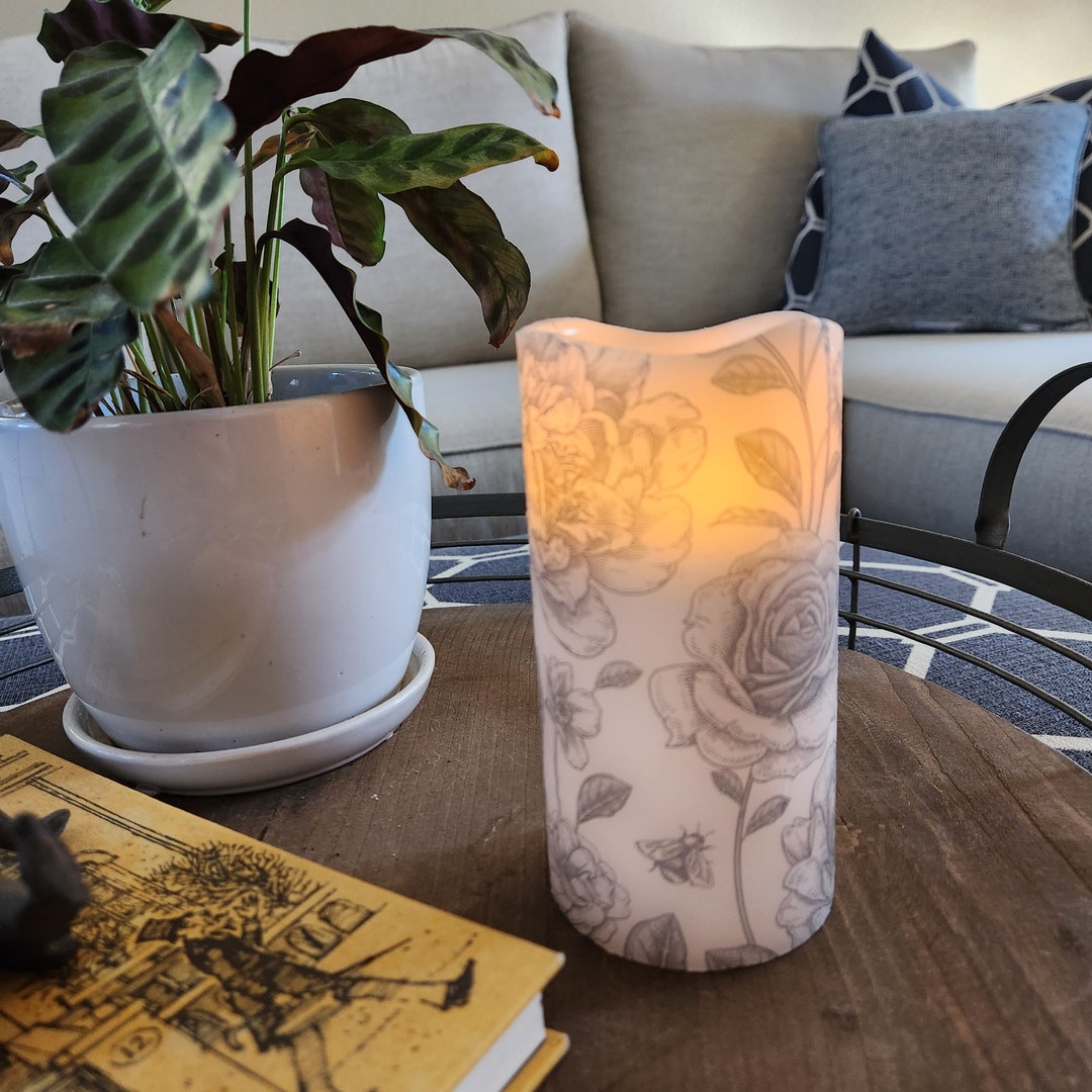 LED Flameless Wax Pillar Candle Romantic Gray and White Floral Design ...