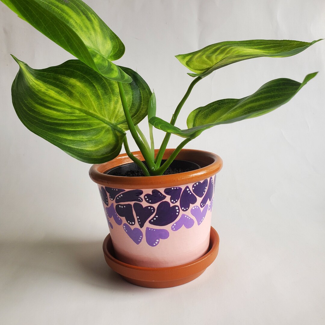 Pink With Purple Hearts Flower Pot Planter Hand Painted 4.75" - Etsy