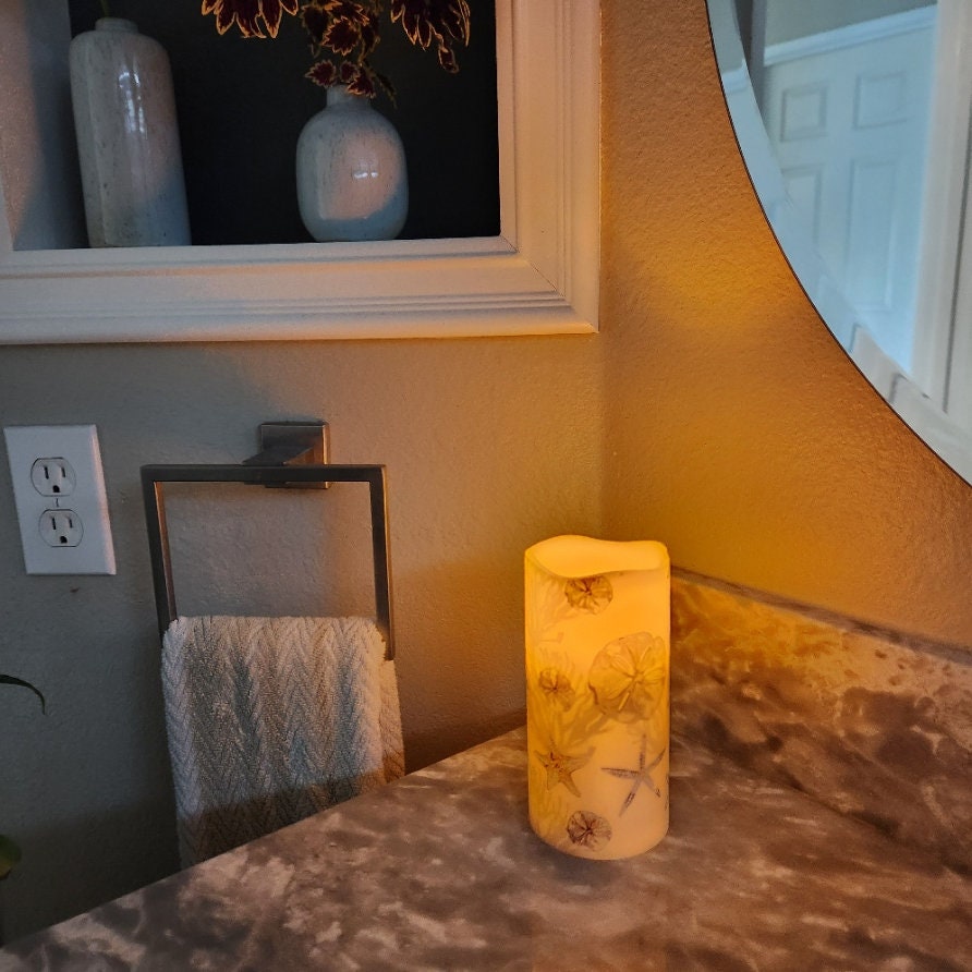 Blue and White Sea Shell Ocean LED Flameless Wax Pillar Candle - Etsy
