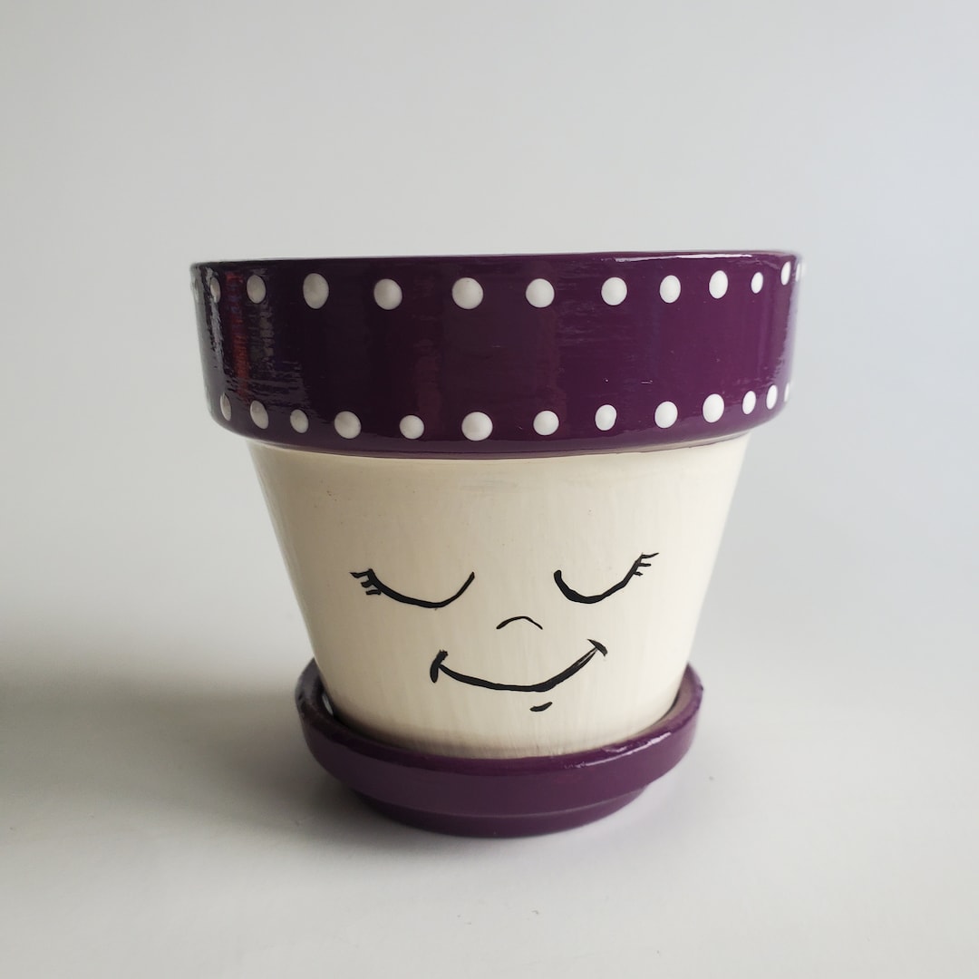 Small Purple and Cream Happy Face Flower Pot Planter Hand Painted 2.75 ...