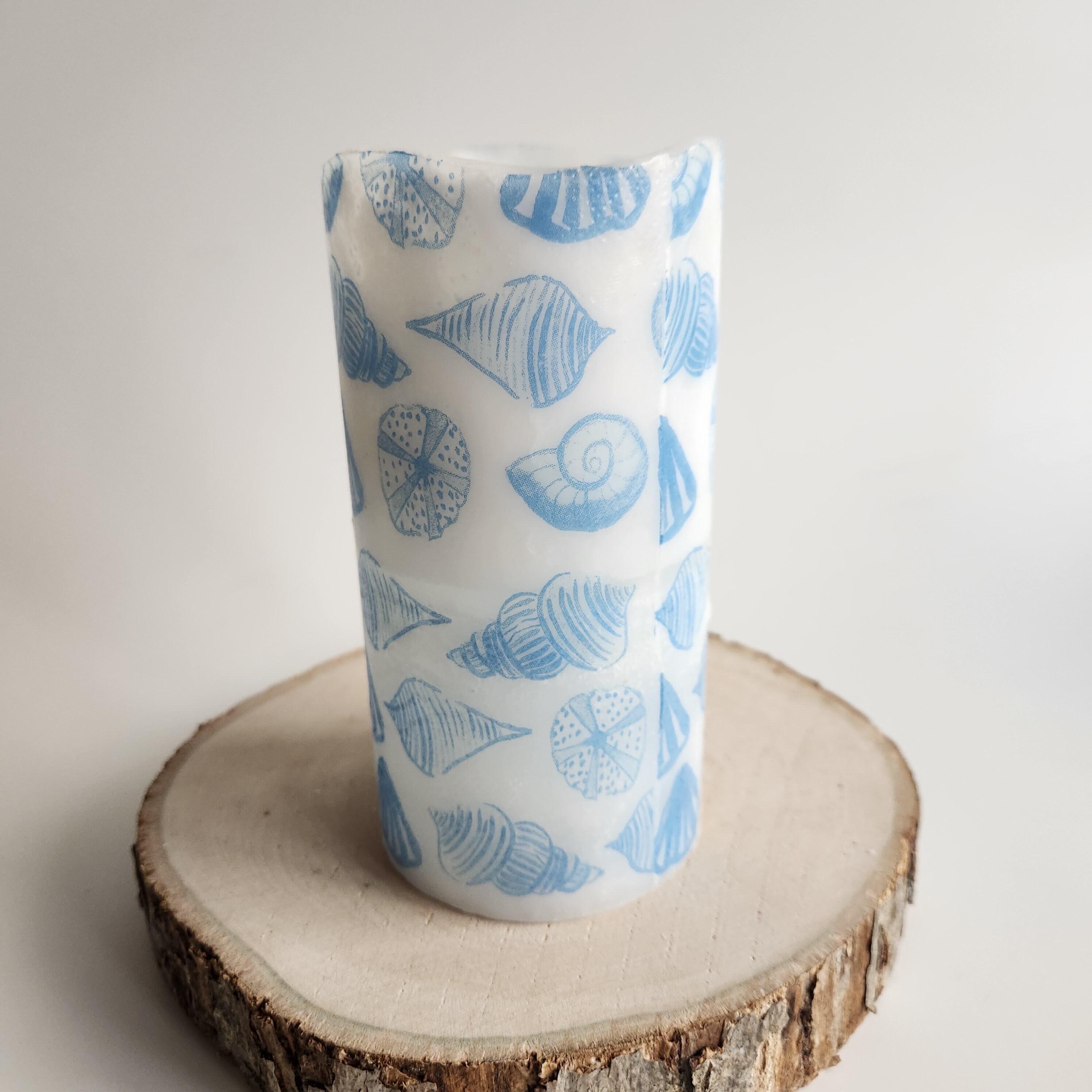 Ocean Beach Seashell Blue and White LED Flameless Wax Pillar Candle - Etsy