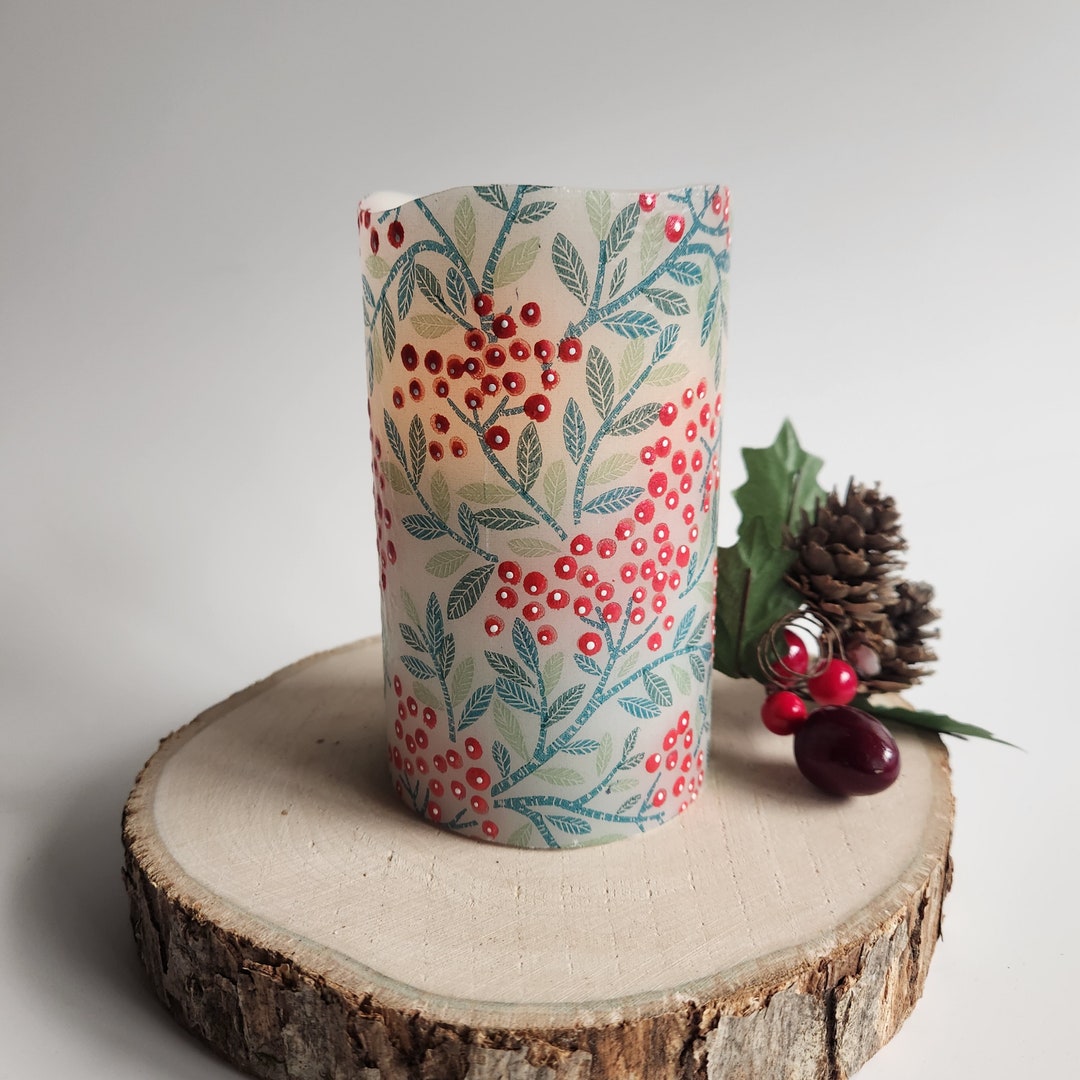 Christmas Holly Berry LED Flameless Wax Pillar Candle - Etsy