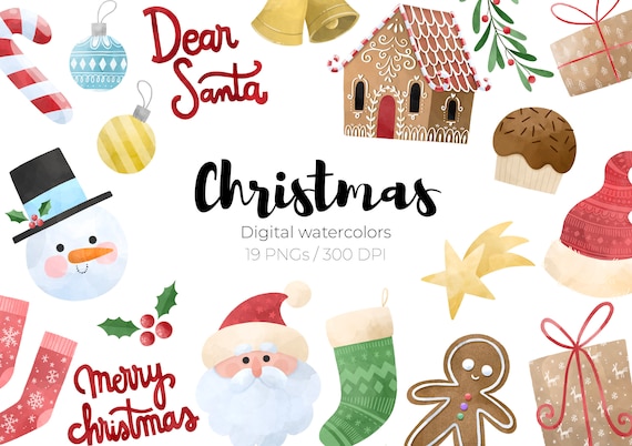 Cute Christmas Clipart Digital Watercolor Christmas | Etsy