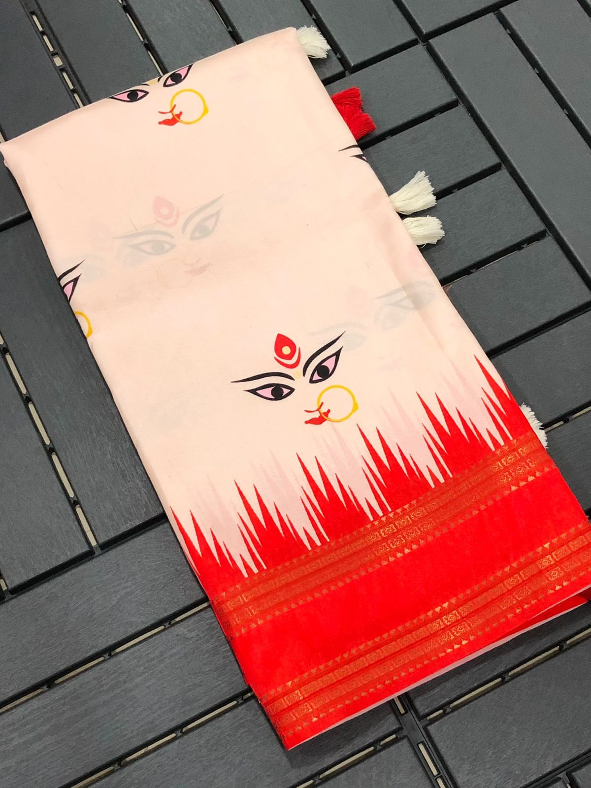 Durga Puja Saree, White-red Saree, Durga Print Saree, Elegant Durga ...