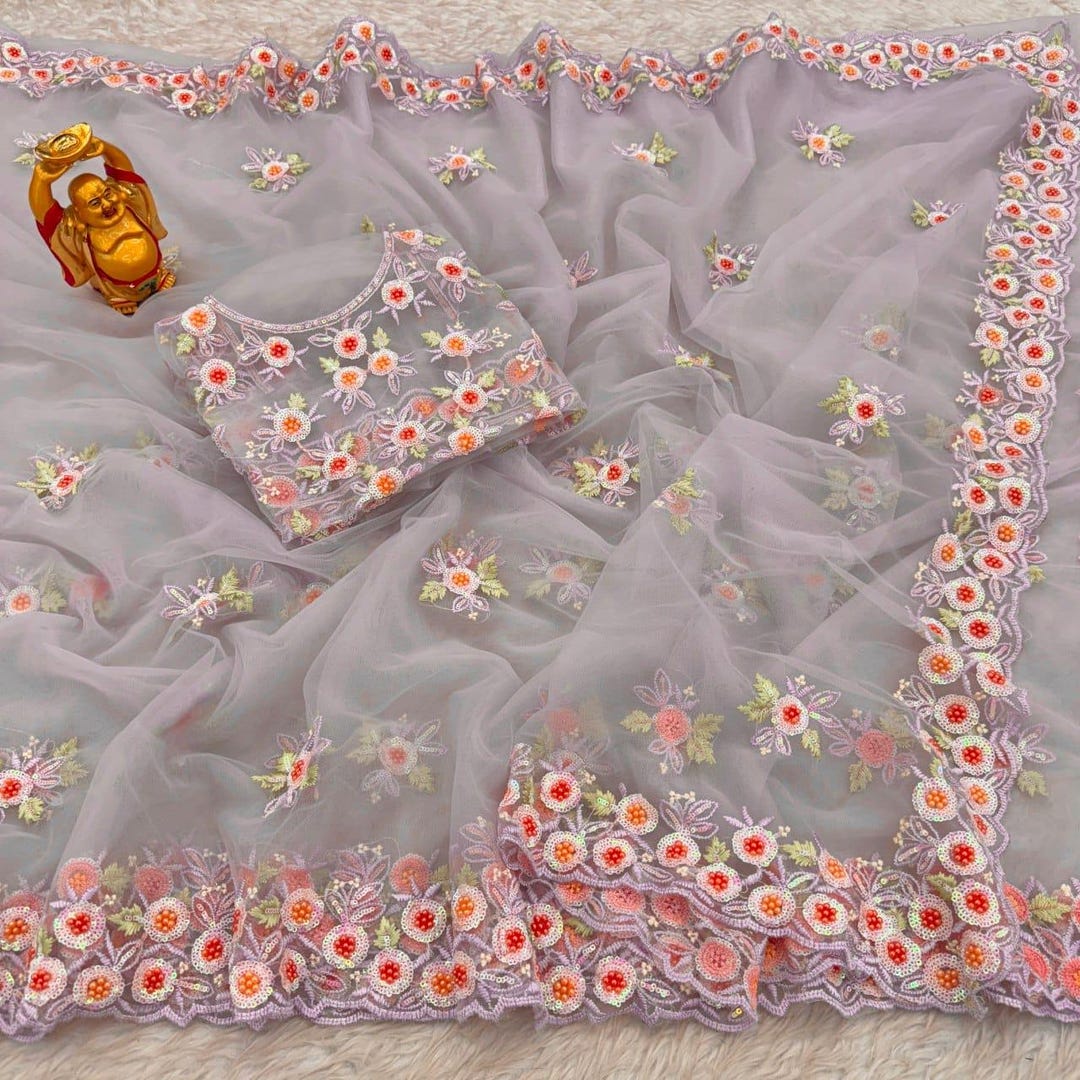 Fusion of Net With Complete Floral Pattern in Embroidery, Party Wear ...