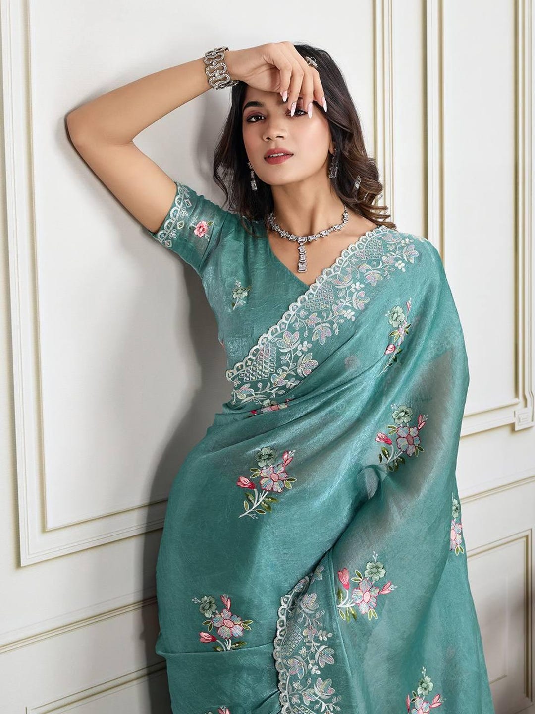 Premium Soft Crunchy Silk Fabric With All Over Embroidery Work Border ...