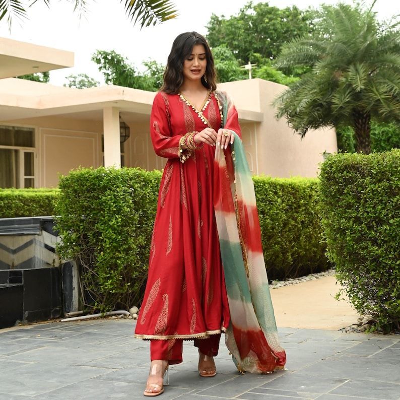 Red Anarkali Suit Heavy Rayon Foil Printed Anarkali Pant and Dupatta ...