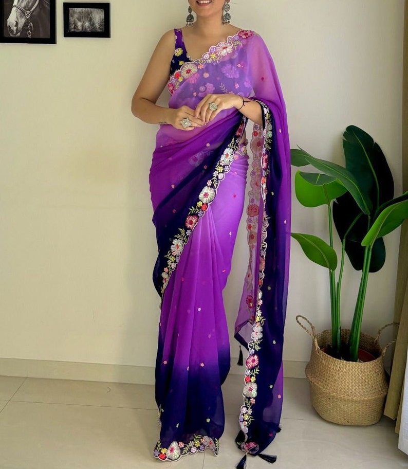 Buy Embroidered Georgette Saree With Threads & Sequence Work C Pallu ...