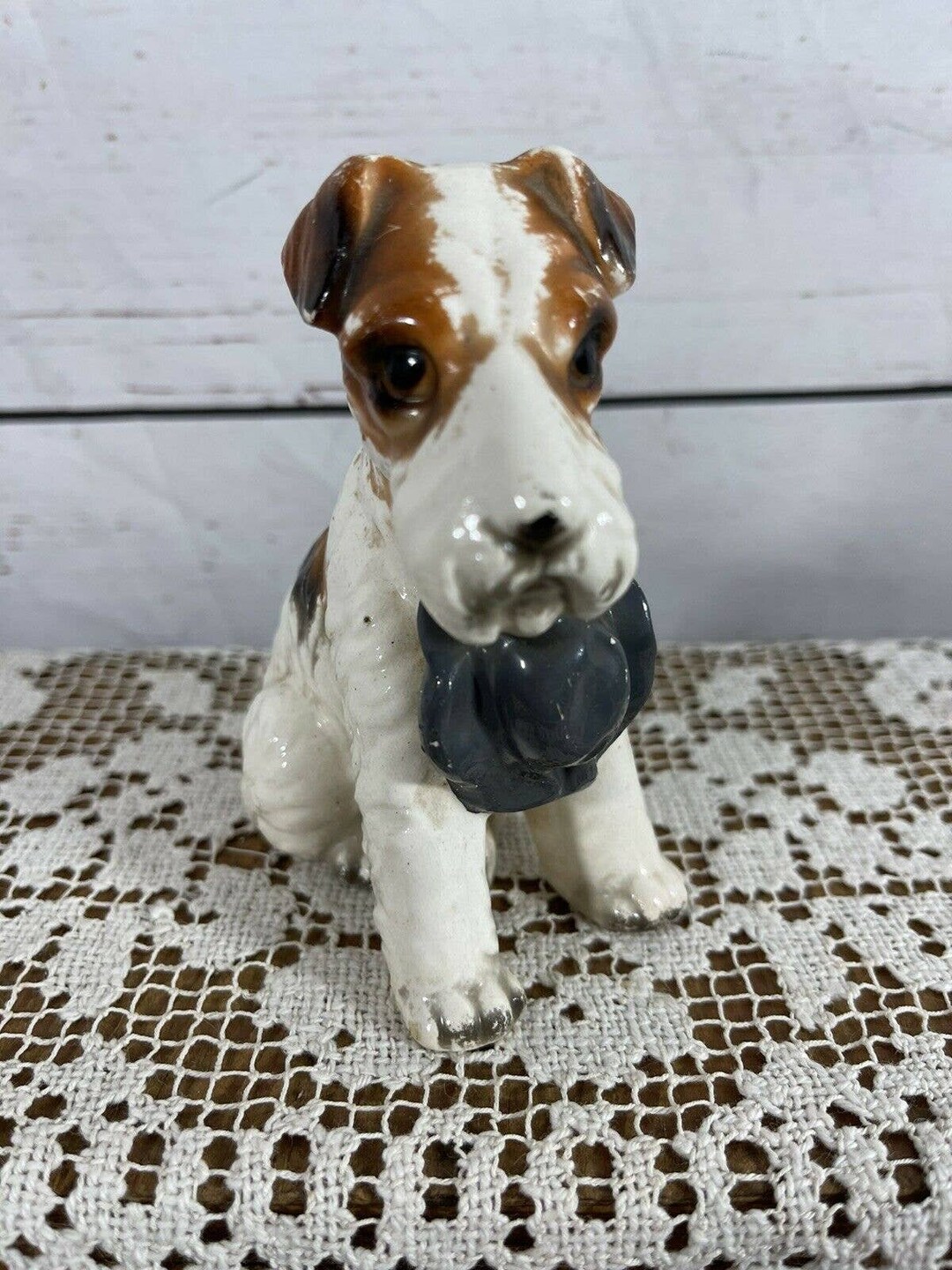 Vintage Porcelain Schnauzer Dog Puppy Holding Hat Ceramic Figurine ...