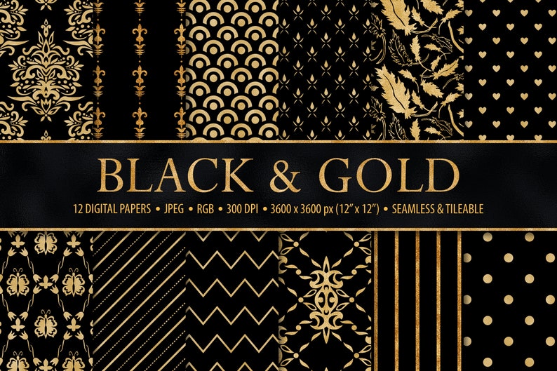 Black and Gold Diamond Digital Paper, Seamless Glam Glitter Textures ...