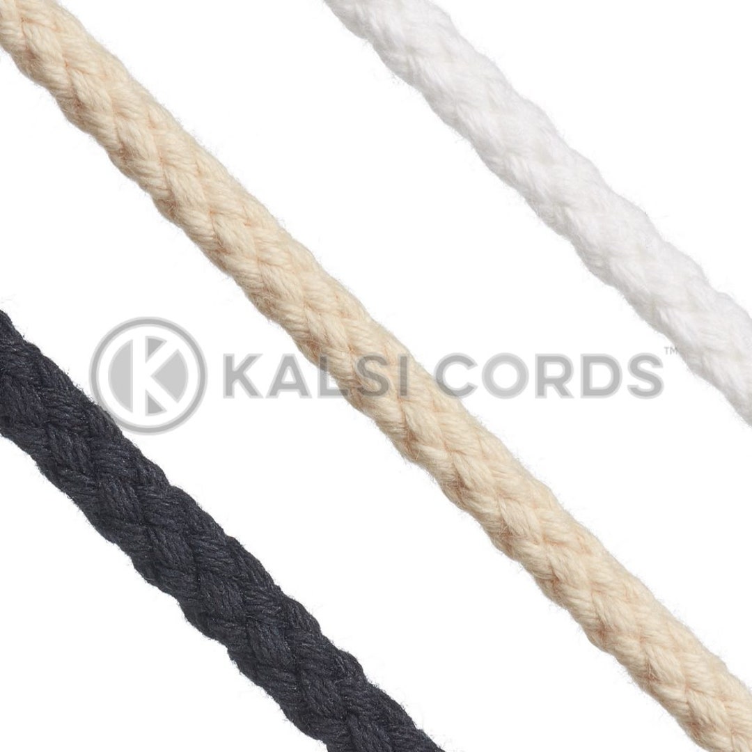 5mm Round Braided 100% Cotton Cord in Black, White or Natural Un-dyed ...