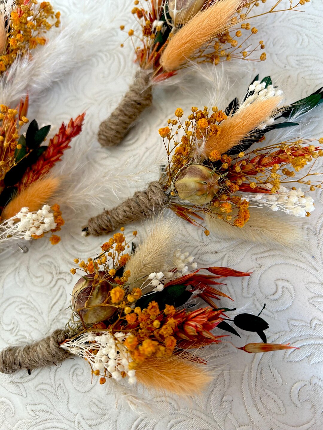 Burnt Orange, Cream, Beige and Eucalyptus Buttonholes, Autumn ...