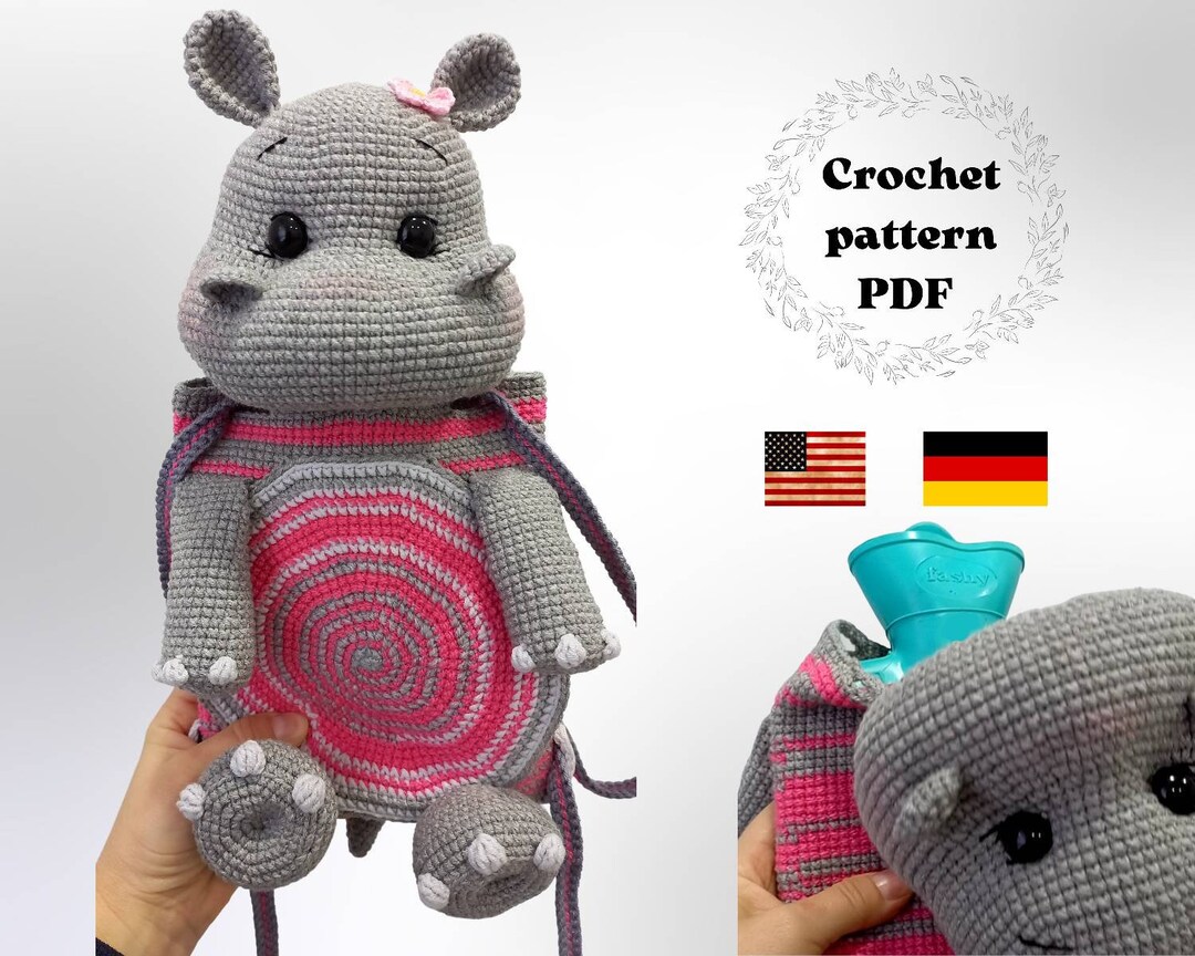 Hippo Hot Water Bottle Case Crochet Pattern, Amigurumi Safari Animal ...