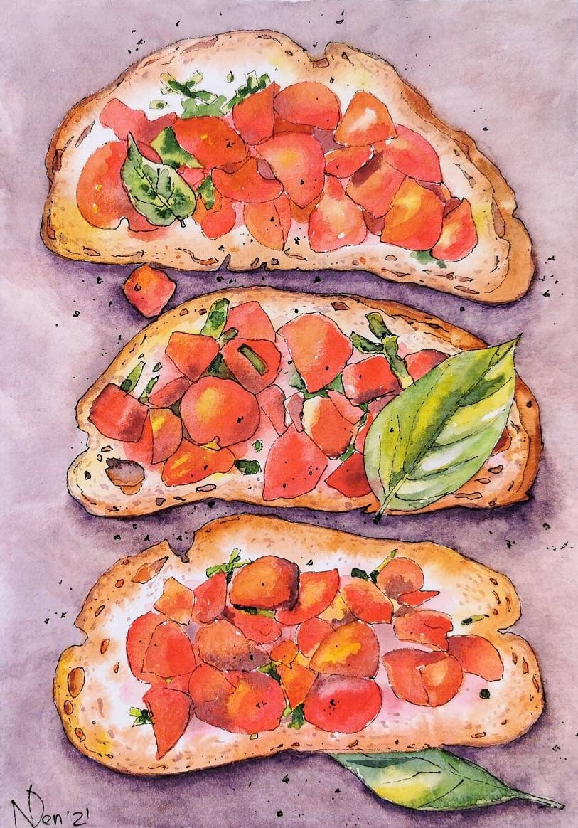 Watercolor Painting Art & Collectibles Bruschetta with Tomatoes ...