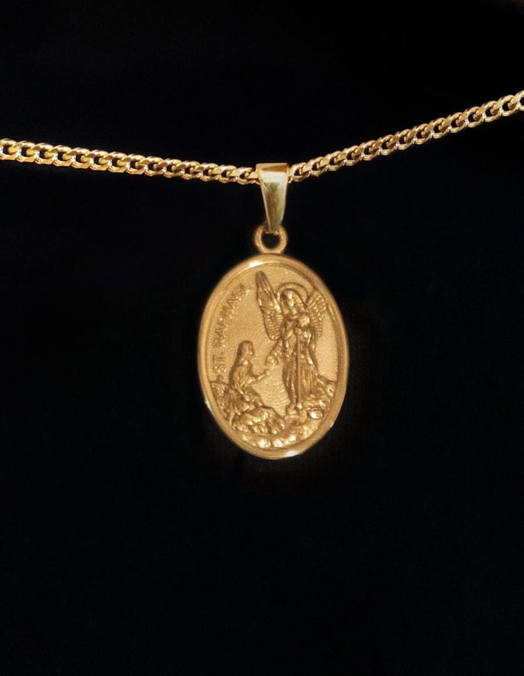 18k Gold St Raphael Pendant Saint Raphael Medal Archangel Michael ...