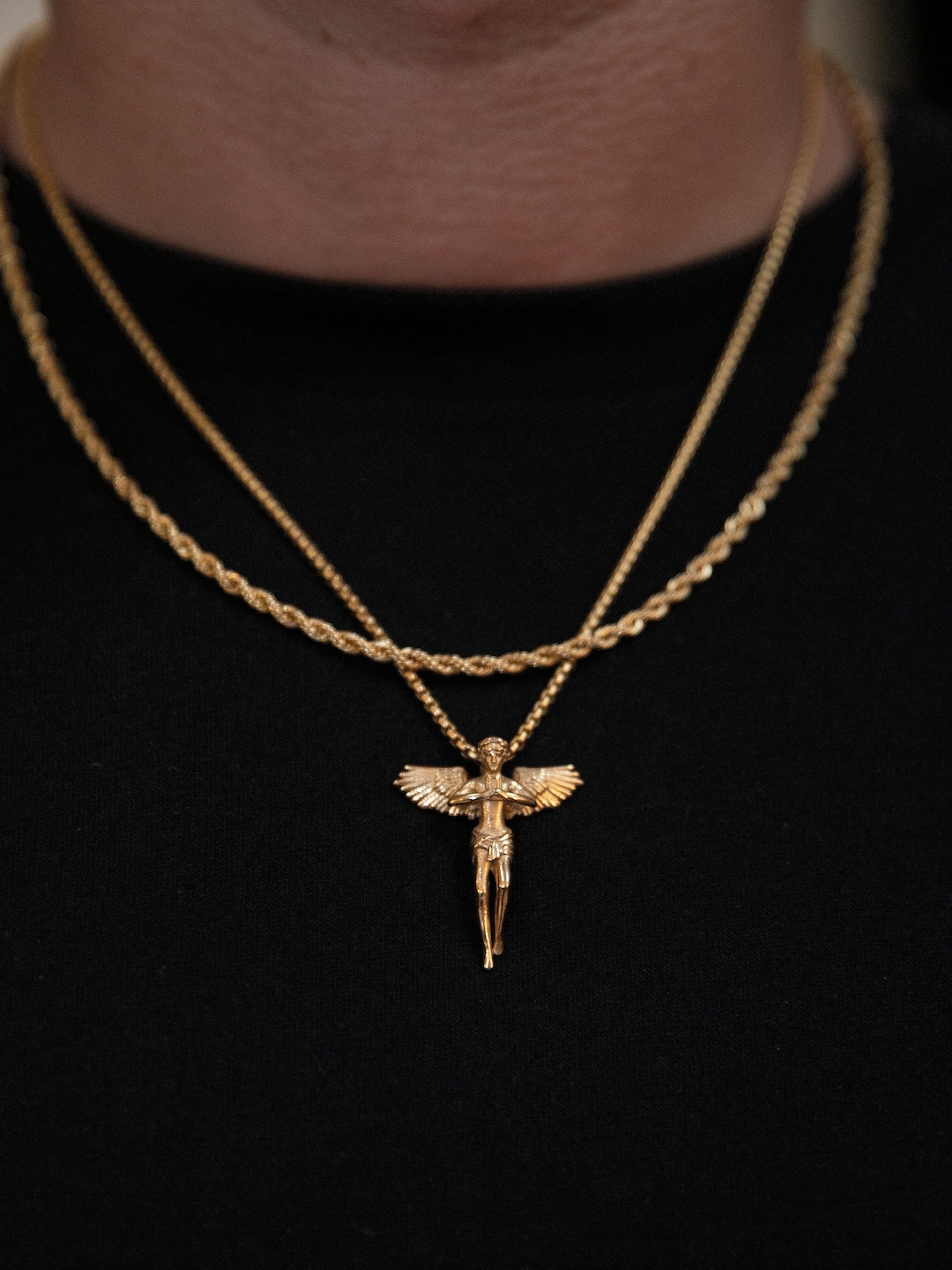 18k Gold Angel Pendant Necklace Angel Pendant Chain, Angel Layered Set ...