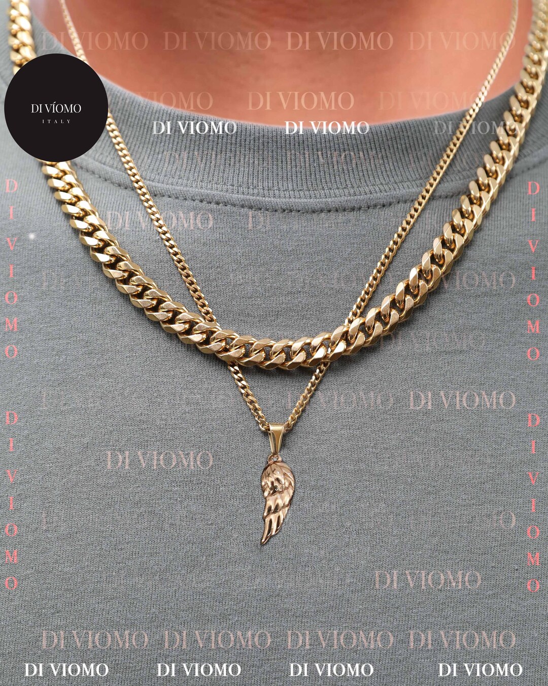 18K Gold Angel Wing Cuban Link Chain, Angel Wing Necklace, Gold Feather ...
