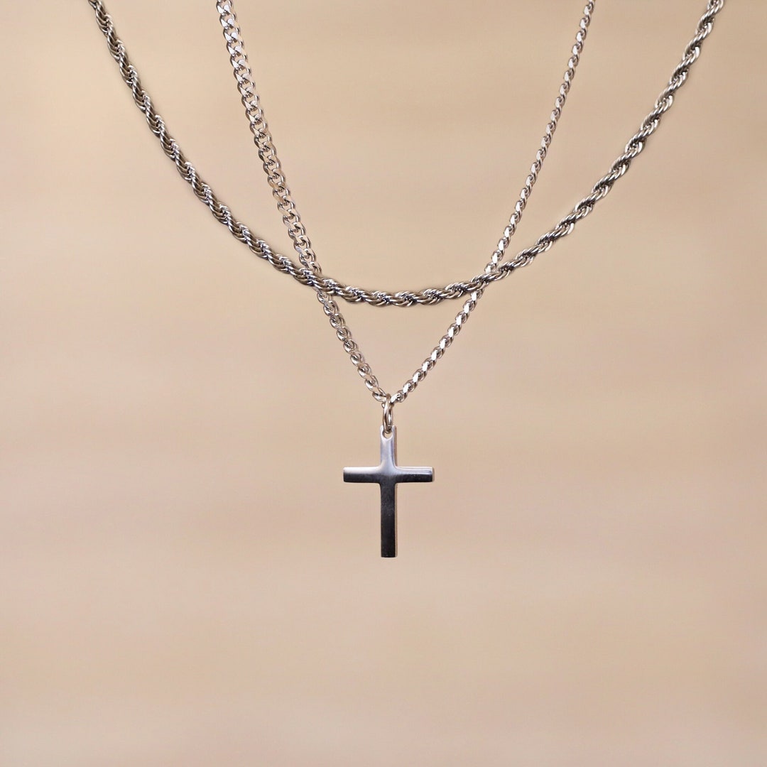 18k Silver Cross Necklace Layered Set Cross Necklace Men Gold Cross ...