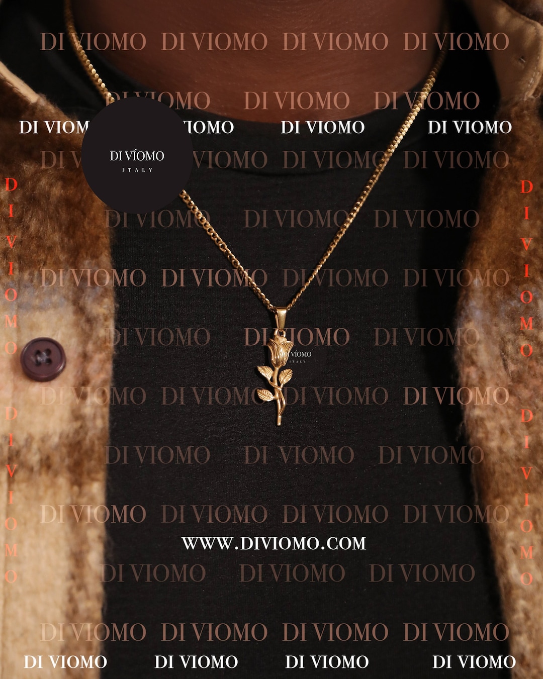 18k Gold Rose Pendant Chain Stainless Steel Mens Necklace Handmade ...