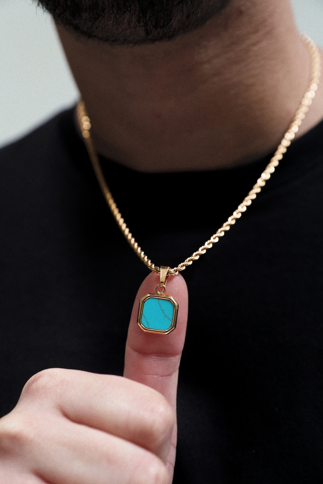 18K Gold Turquoise Blue Pendant Necklace, Turquoise Stone Pendant Men ...