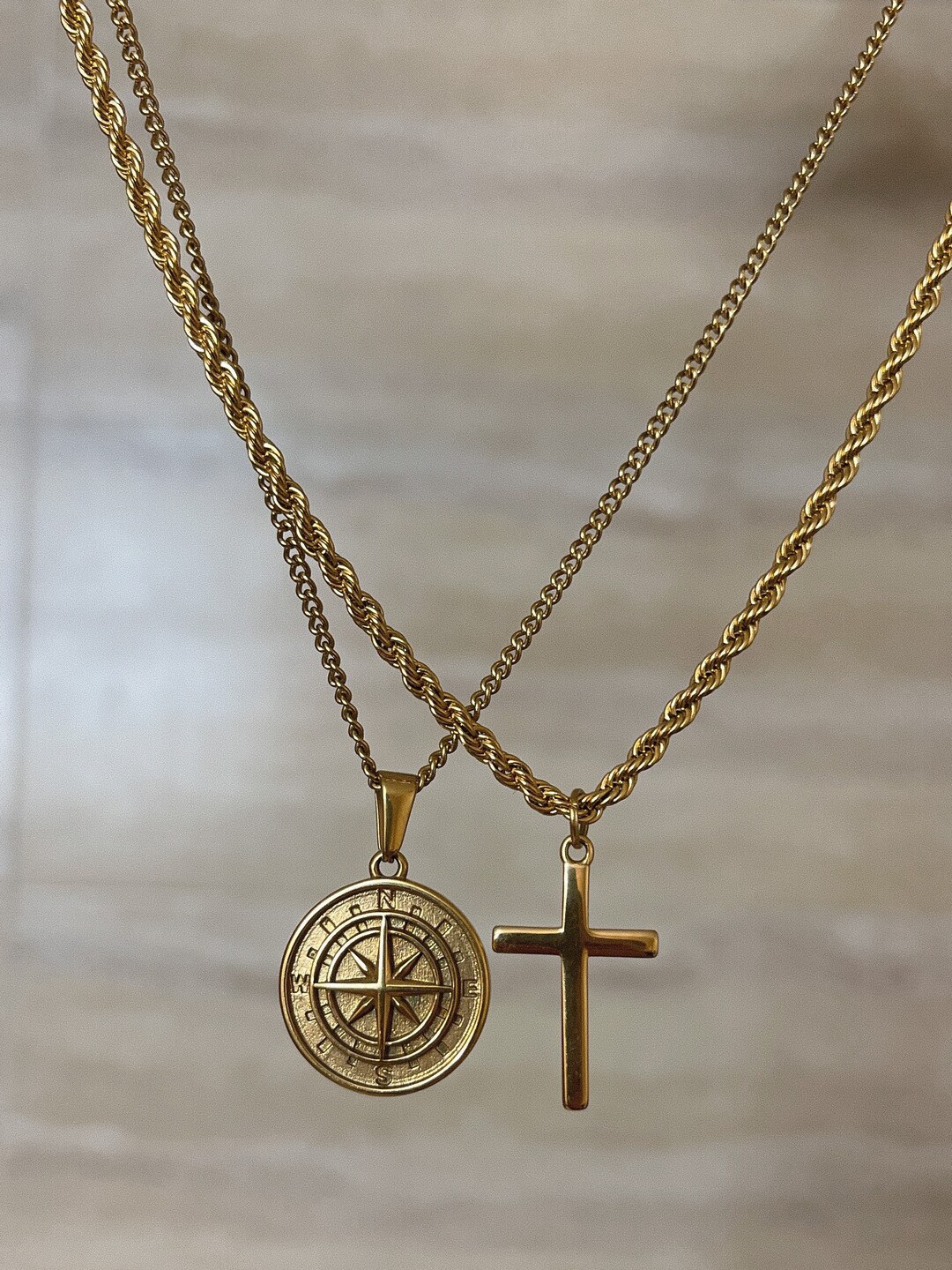 18k Gold Compass North Star Pendant Chain Compass Necklace Layered Set ...