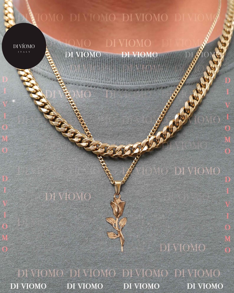 18k Gold Rose Pendant Chain Stainless Steel Mens Necklace Handmade ...