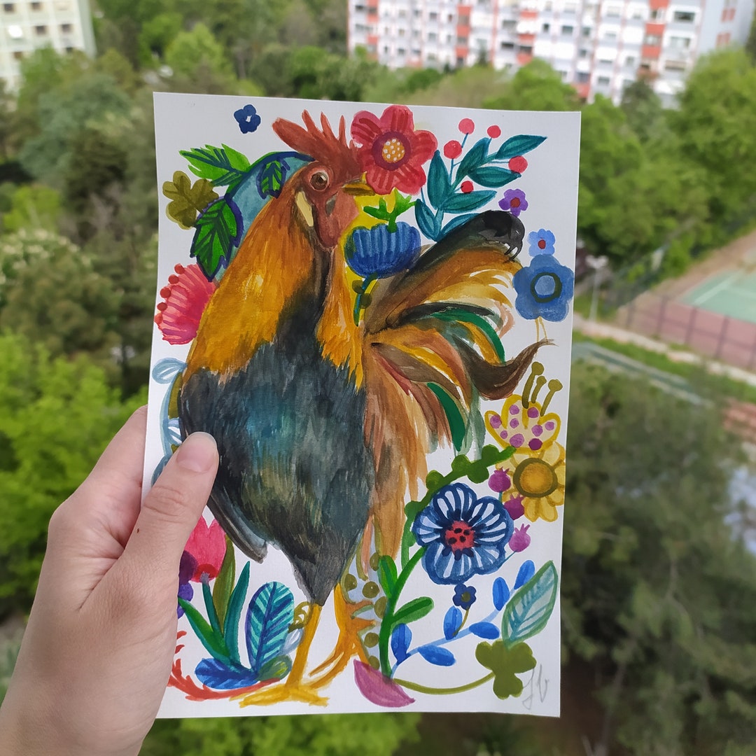 Colorful Painting Rooster Watercolor Art Cottage Core Aesthetic - Etsy