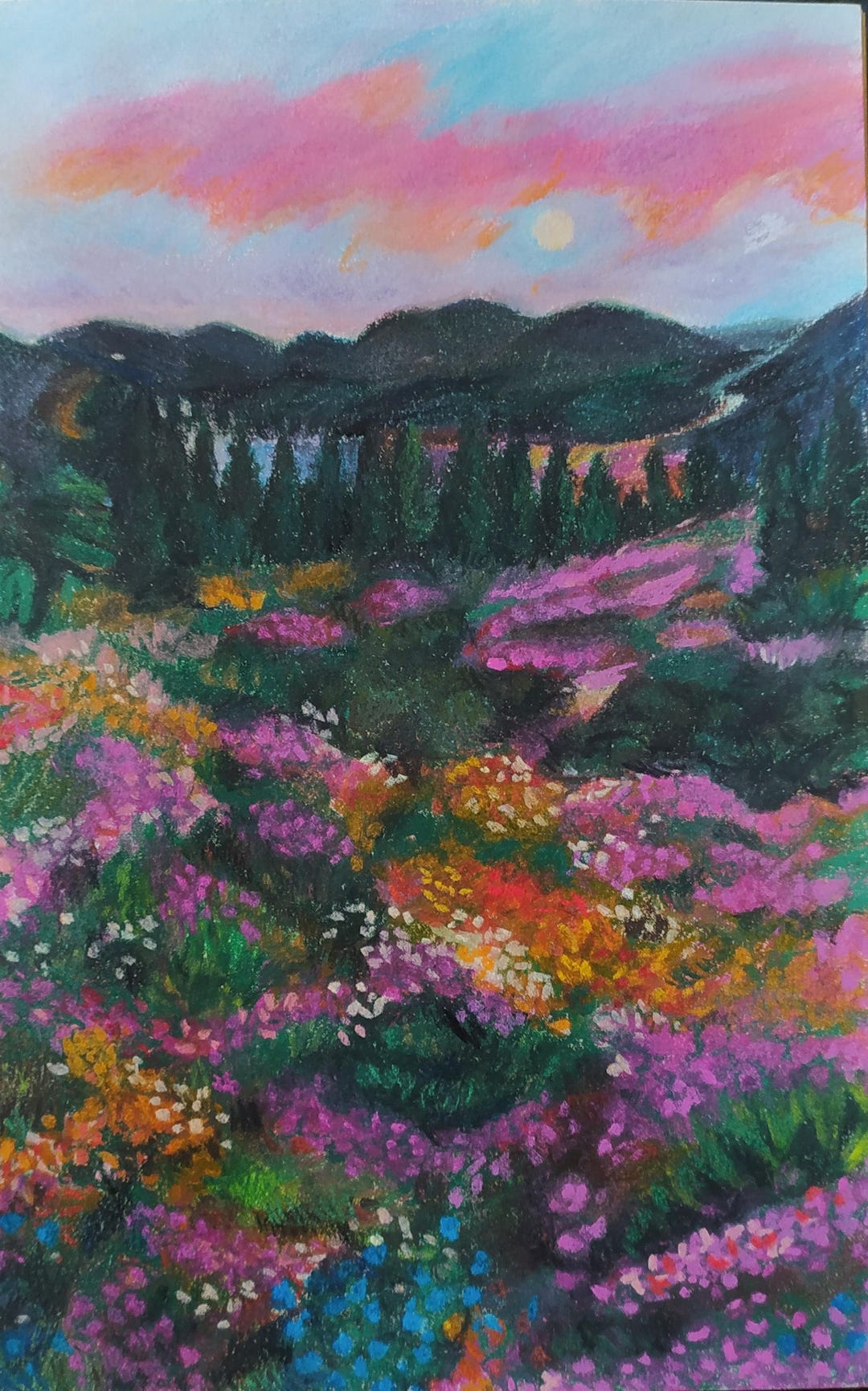 Flower Fields Original Pastel Drawing on 18×28cm Paper - Etsy