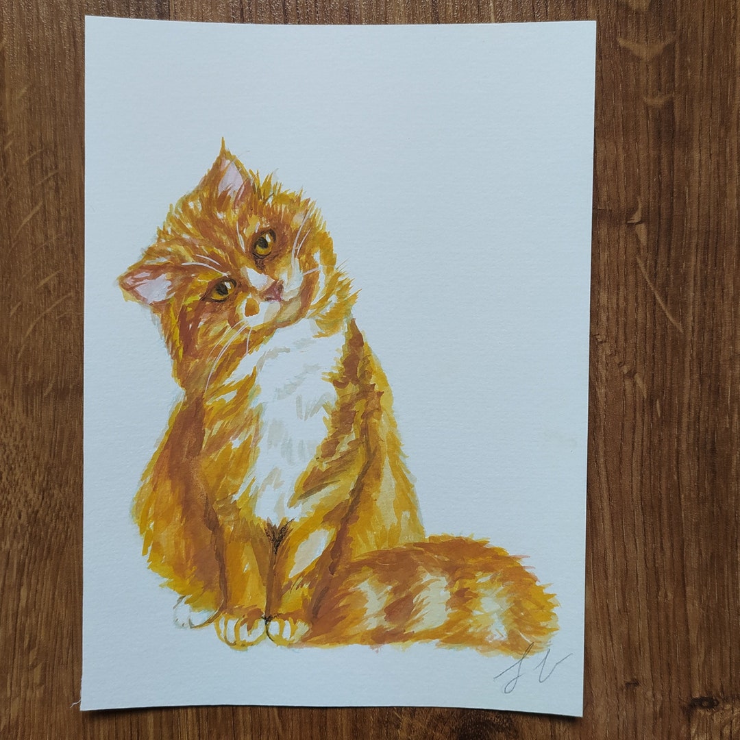 Original Art Orange Cat Watercolor Painting 2115cm Paper Vibrant Feline ...