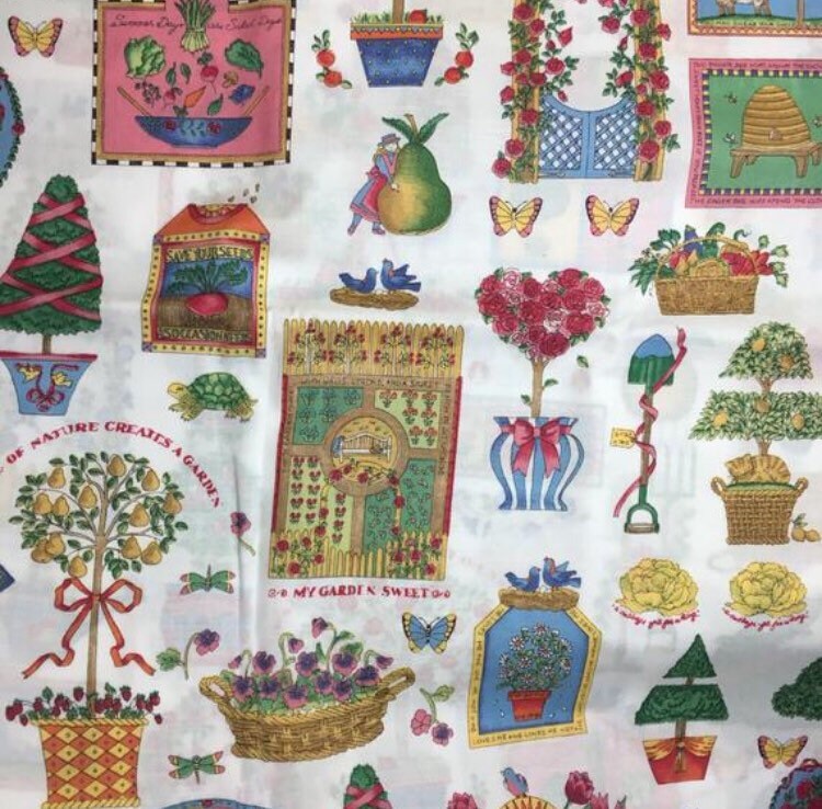 Gardening Scenes Fabric Topiary Sun Tools Garden Wishing Well Birdbath ...