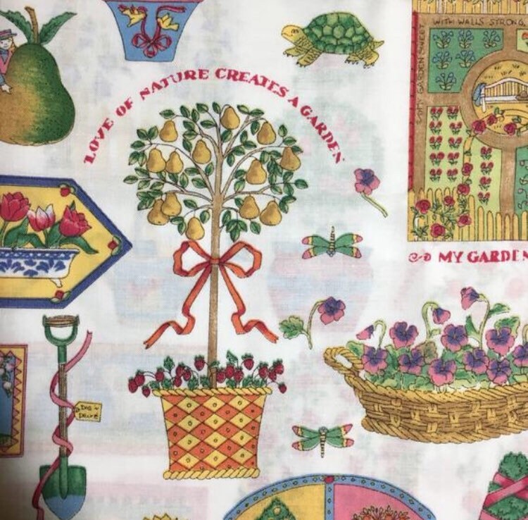 Gardening Scenes Fabric Topiary Sun Tools Garden Wishing Well Birdbath ...