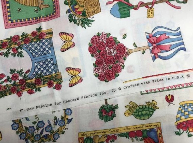 Gardening Scenes Fabric Topiary Sun Tools Garden Wishing Well Birdbath ...