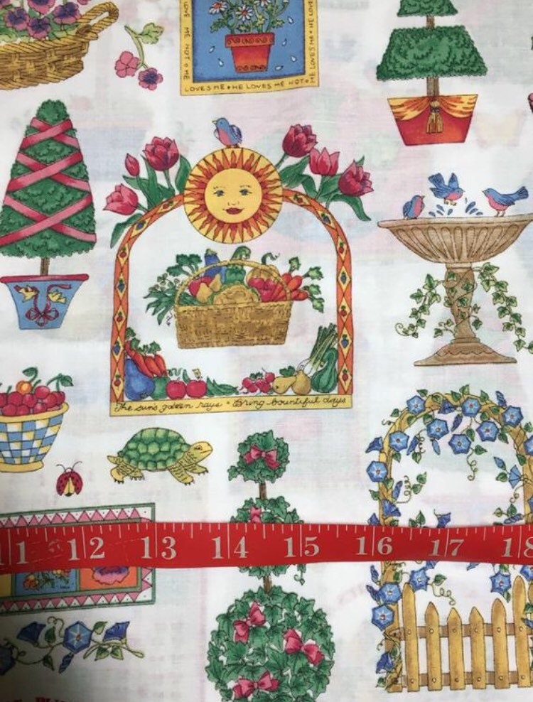 Gardening Scenes Fabric Topiary Sun Tools Garden Wishing Well Birdbath ...